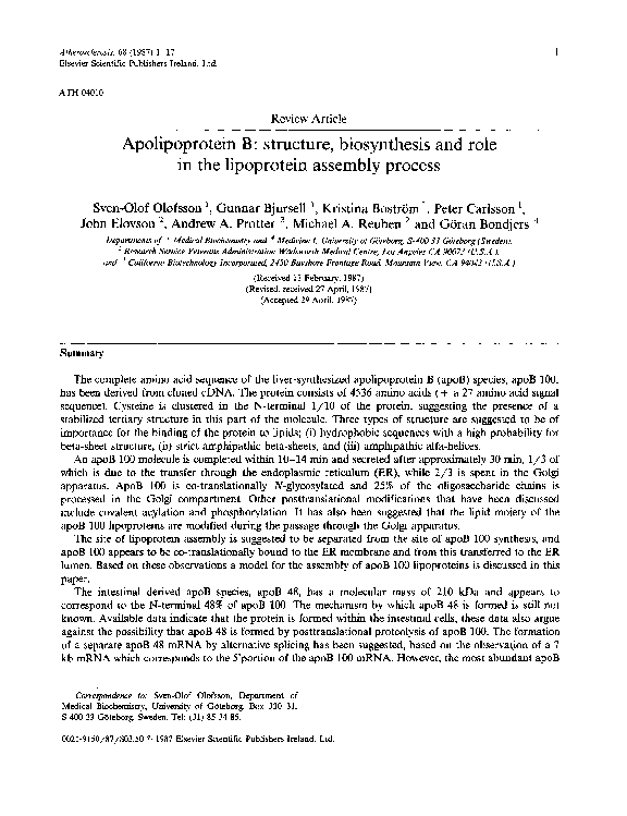 (PDF) Apolipoprotein B: structure, biosynthesis and role in the ...