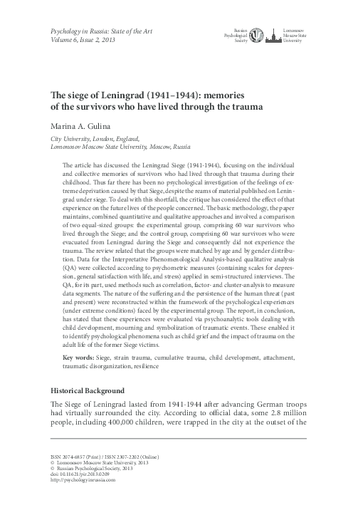(PDF) The siege of Leningrad (1941–1944): memories of the survivors who ...