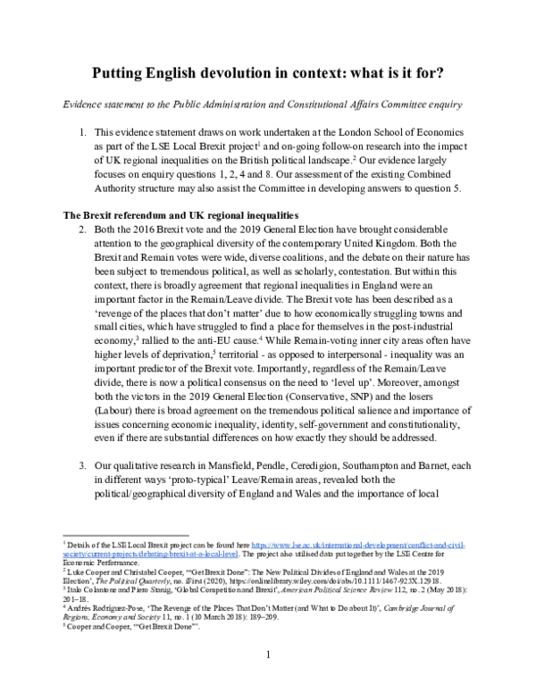 (PDF) Putting English devolution in context: what is it for?