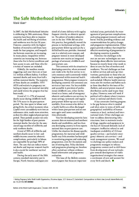 (PDF) The Safe Motherhood Initiative and beyond