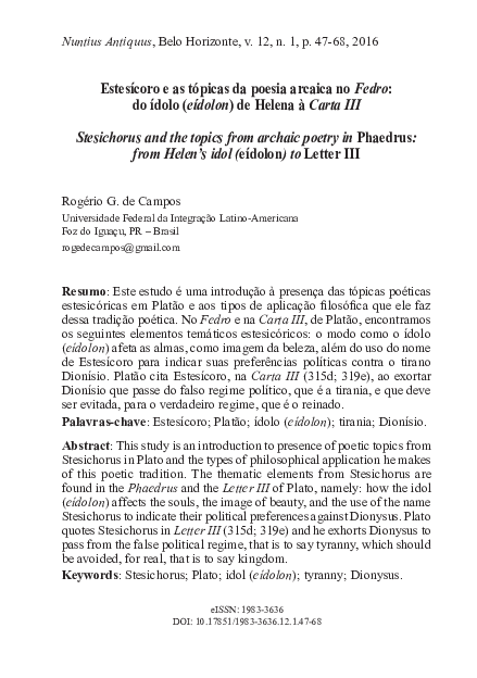 (PDF) Estesícoro e as tópicas da poesia arcaica no Fedro: do ídolo ...