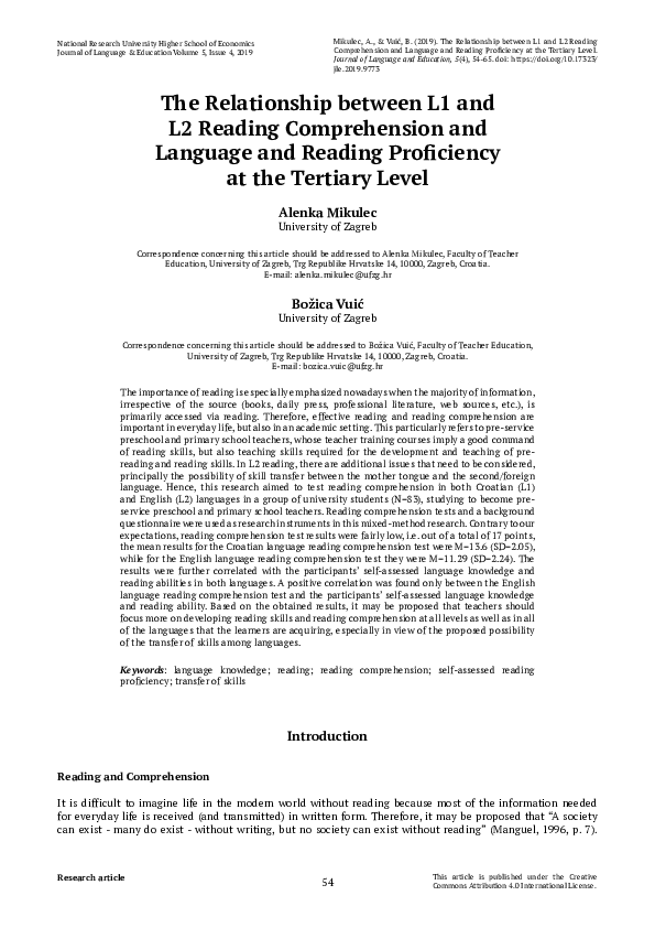 (PDF) The Relationship between L1 and L2 Reading Comprehension and ...
