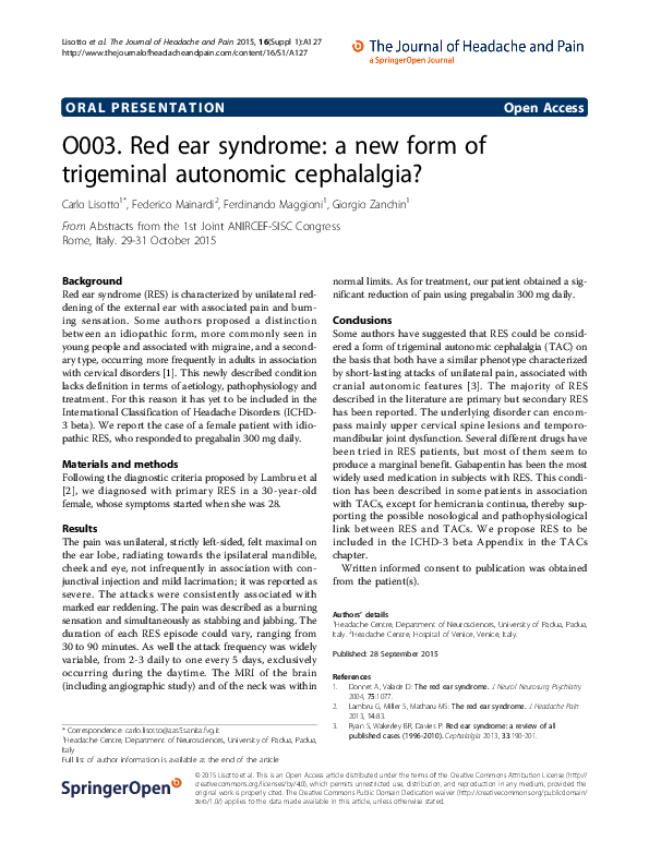 (PDF) O003. Red ear syndrome: a new form of trigeminal autonomic ...