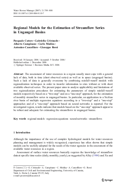 (PDF) Estimating Streamflow in Ungauged Basins via Regional Models