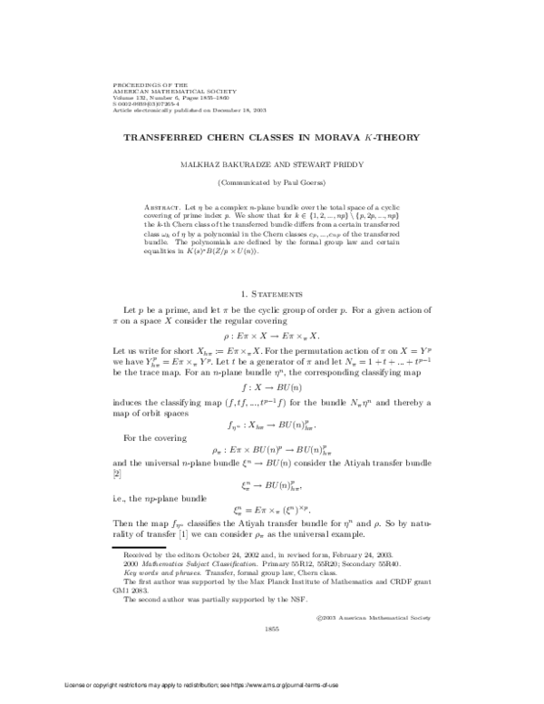 (PDF) Transferred Chern classes in Morava $K$-theory