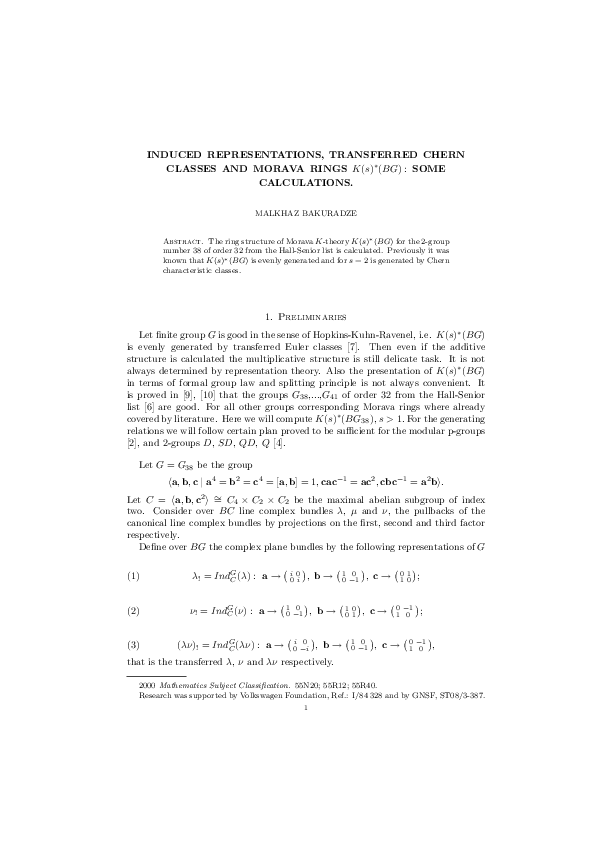 (PDF) Induced representations, transferred Chern classes and Morava rings K(s)*(BG): Some ...
