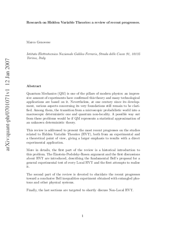 (PDF) Research on hidden variable theories: A review of recent progresses