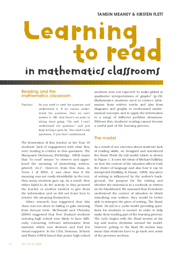 (PDF) Learning to Read in Mathematics Classrooms