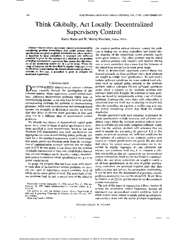 (PDF) Think globally, act locally: decentralized supervisory control