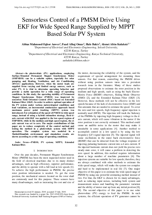 Pdf Sensorless Control Of A Pmsm Drive Using Ekf For Wide Speed Range Supplied By Mppt Based