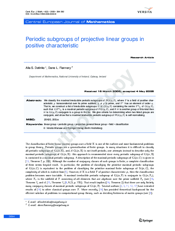 (PDF) Periodic subgroups of projective linear groups in positive ...
