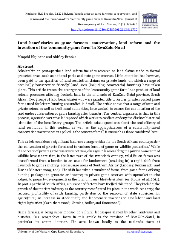 Land Beneficiaries As Game Farmers Conservation Land Reform And The
