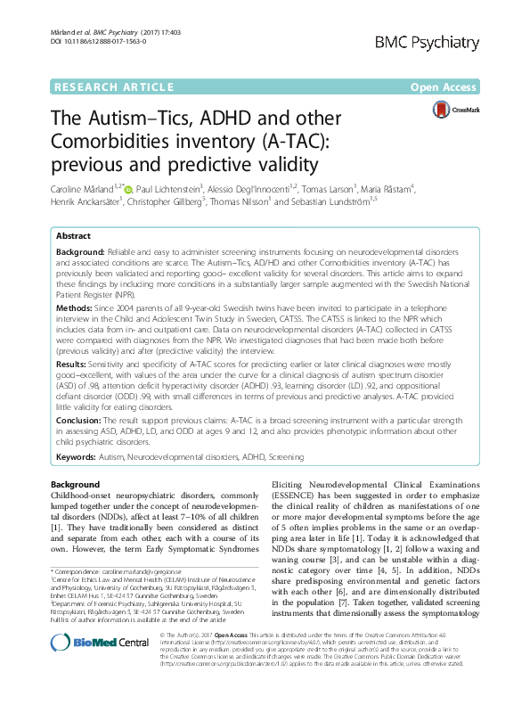 (PDF) The Autism - Tics, AD/HD and other Comorbidities inventory (A-TAC ...
