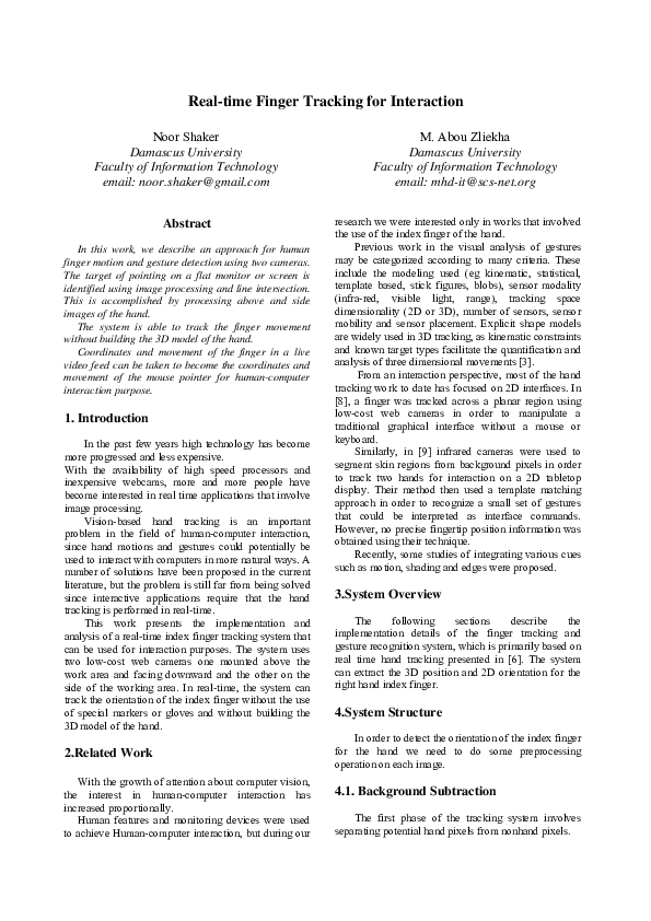 (PDF) Real-time finger tracking for interaction
