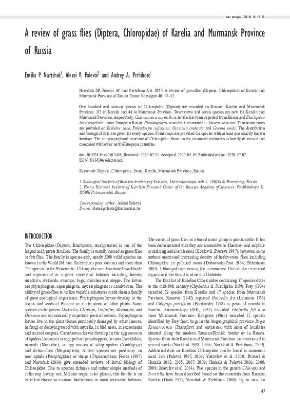 A review of grass flies (Diptera, Chloropidae) of Karelia and Murmansk ...