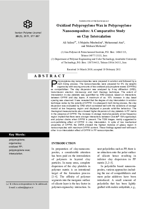 (PDF) Oxidized Polypropylene Wax in Polypropylene Nanocomposites: A ...
