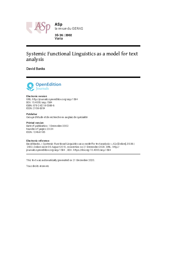 (PDF) Systemic Functional Linguistics as a model for text analysis