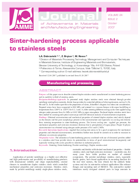 (PDF) Sinter-hardening process applicable to stainless steels