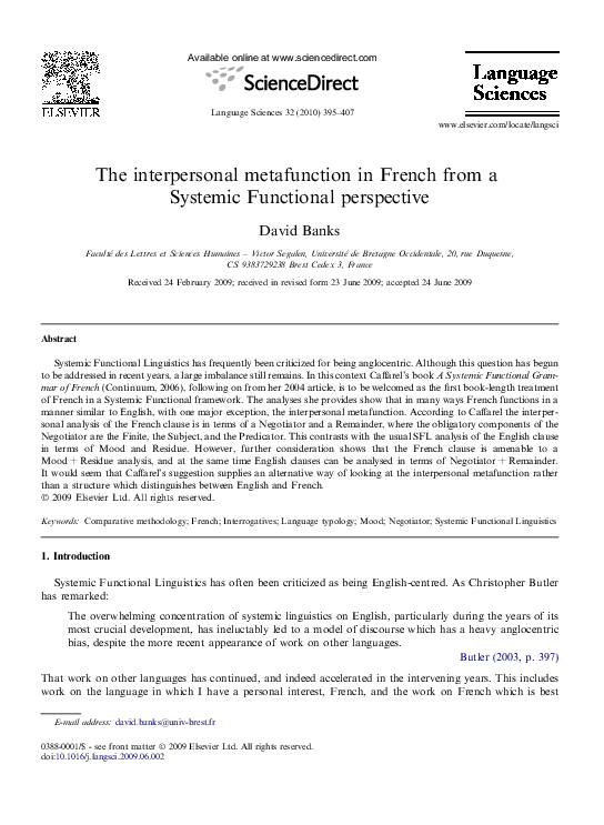 (PDF) The interpersonal metafunction in French from a Systemic ...