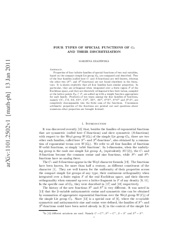(PDF) Four types of special functions of G 2 and their discretization