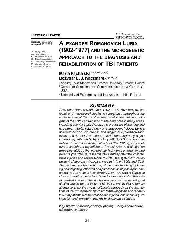 (PDF) Alexander Romanovich Luria (1902-1977) and the Microgenetic ...