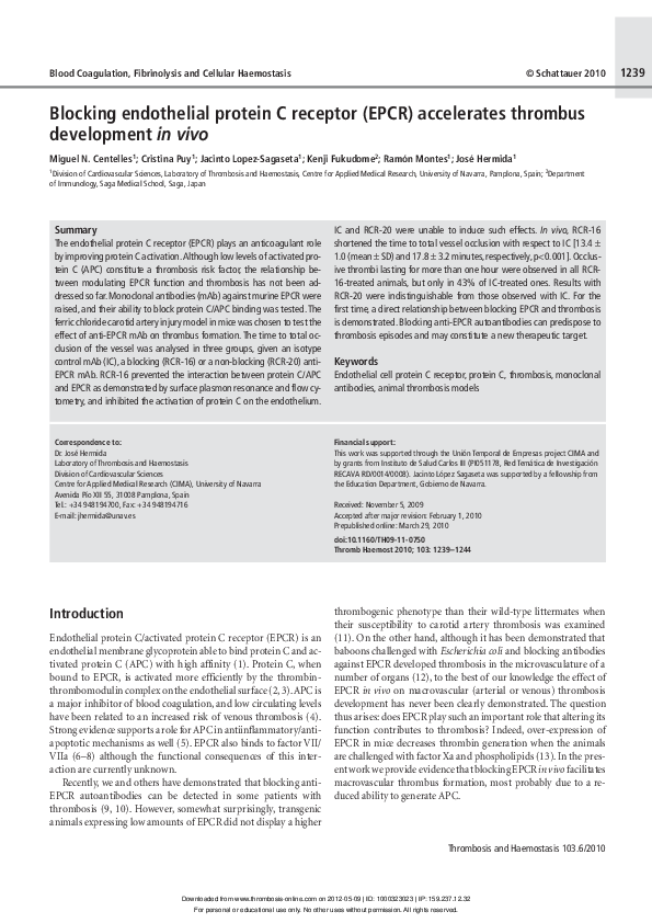 (PDF) Blocking endothelial protein C receptor (EPCR) accelerates ...