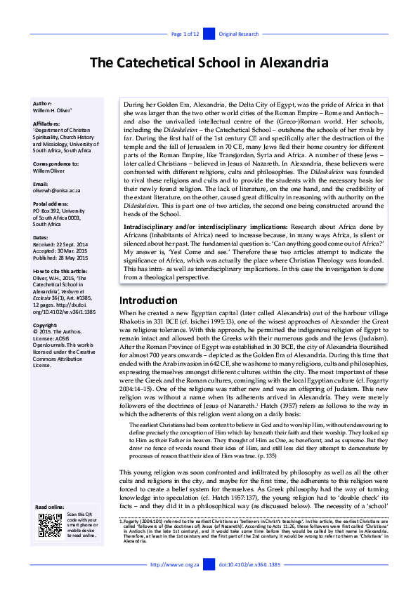 (PDF) The Catechetical School in Alexandria