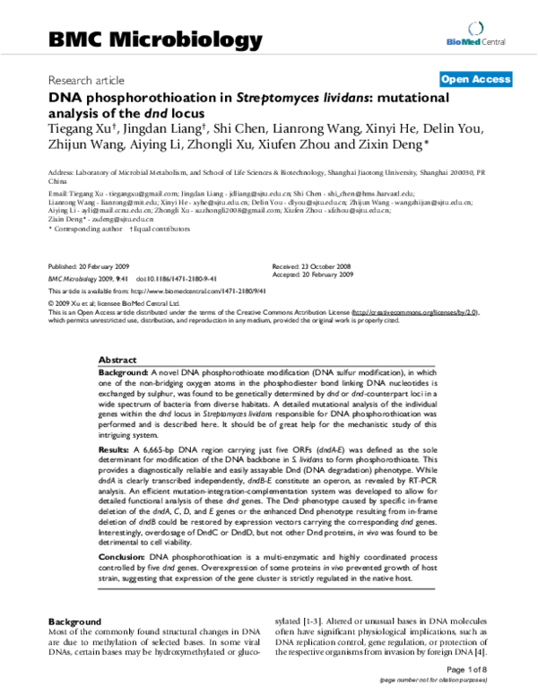 (PDF) DNA phosphorothioation in Streptomyces lividans: mutational ...