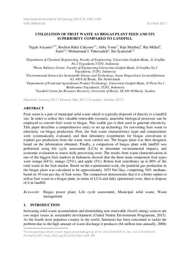 (PDF) Utilization of Fruit Waste as Biogas Plant Feed and its ...