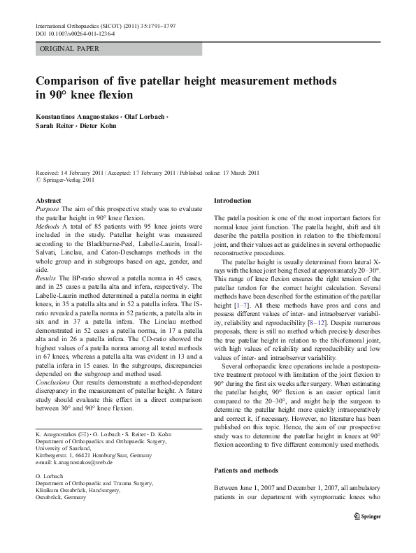 (PDF) Comparison of five patellar height measurement methods in 90 ...