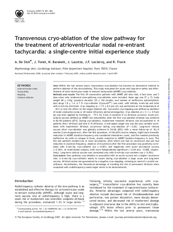 (PDF) Cryo-Ablation for AV Nodal Re-Entrant Tachycardia