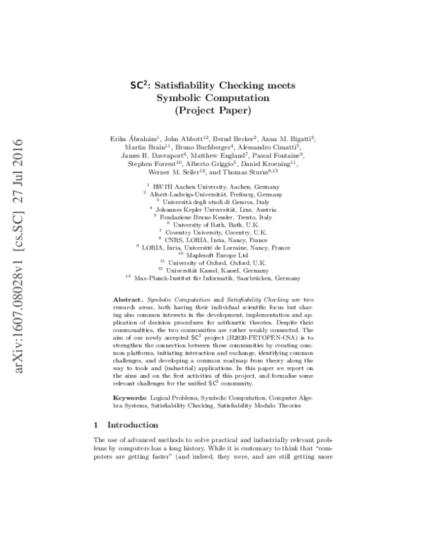 (PDF) $$\mathsf {SC}^\mathsf{2} $$ : Satisfiability Checking Meets Symbolic Computation
