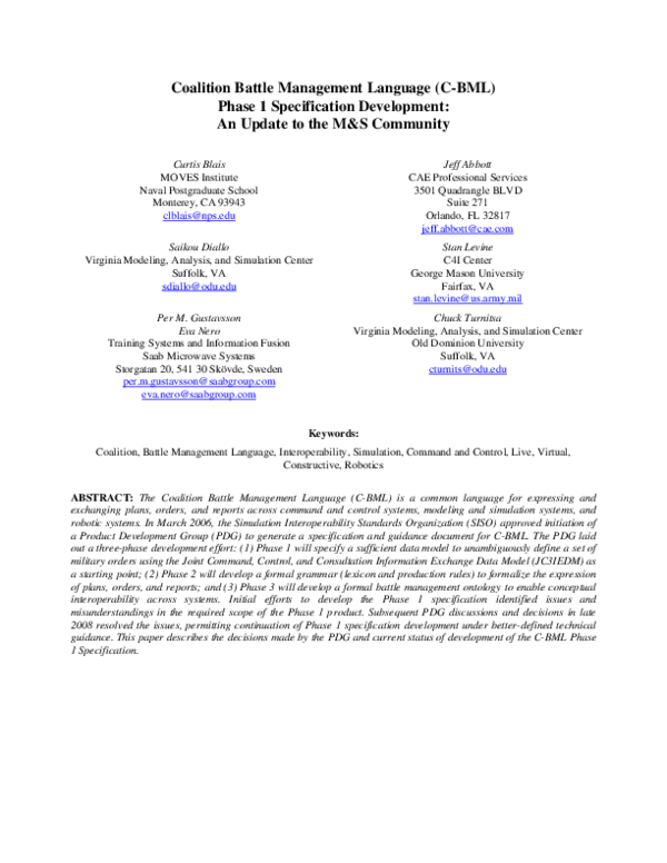 (PDF) Coalition Battle Management Language (C-BML) Phase 1 Specification Development Progress ...