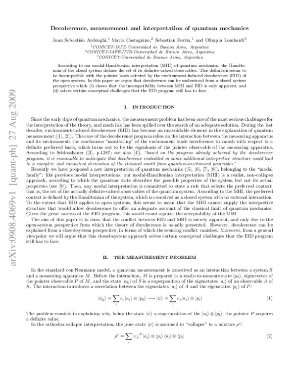 (PDF) Decoherence, measurement and interpretation of quantum mechanics