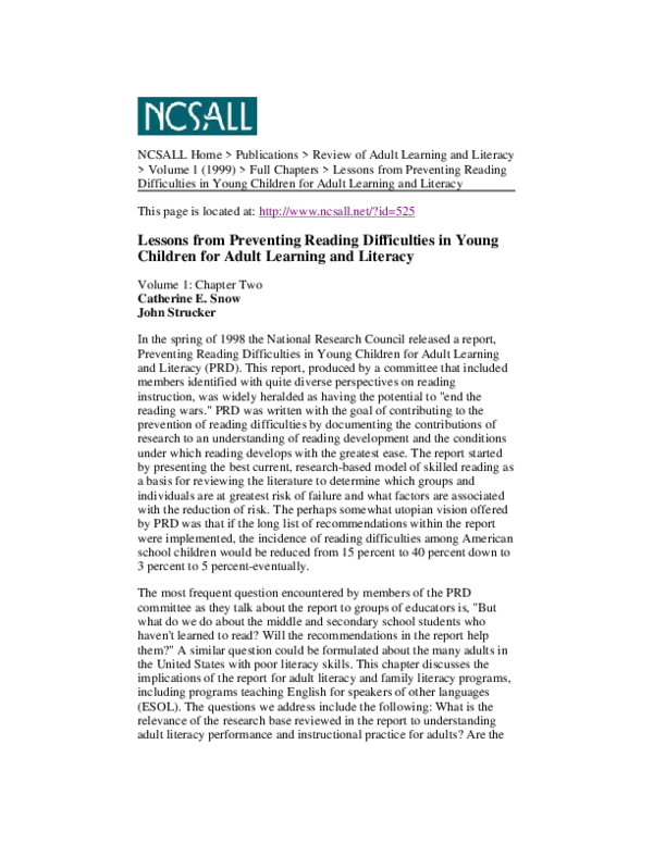 (PDF) Lessons from Preventing Reading Difficulties in Young Children ...