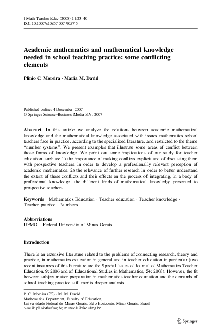 (PDF) Academic mathematics and mathematical knowledge needed in school ...