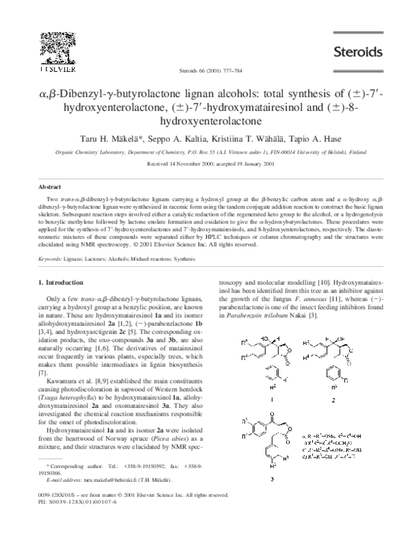 (PDF) α,β-Dibenzyl-γ-butyrolactone lignan alcohols: total synthesis of ...