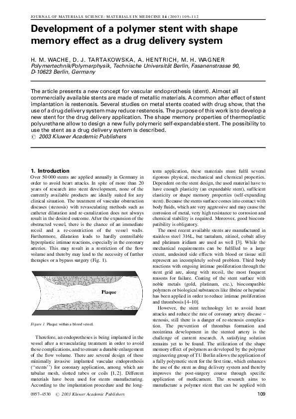 (PDF) Development of a polymer stent with shape memory effect as a drug ...