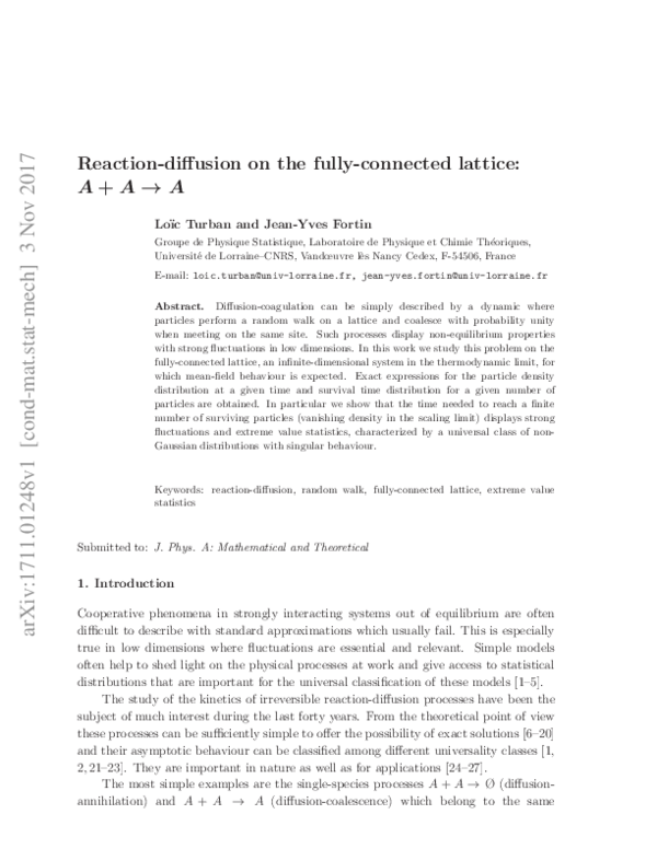 (PDF) Reaction–diffusion on the fully-connected lattice: $A+A\rightarrow A$