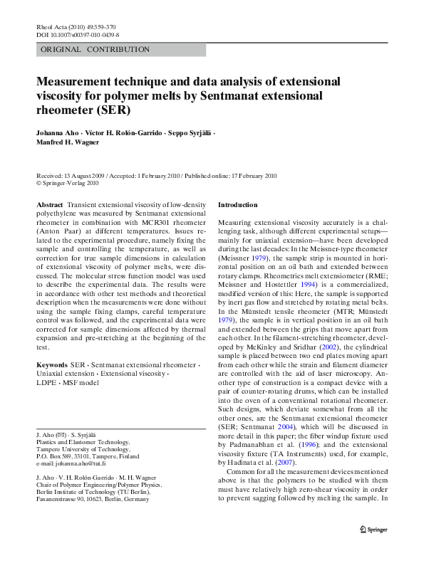 (PDF) Measurement technique and data analysis of extensional viscosity ...
