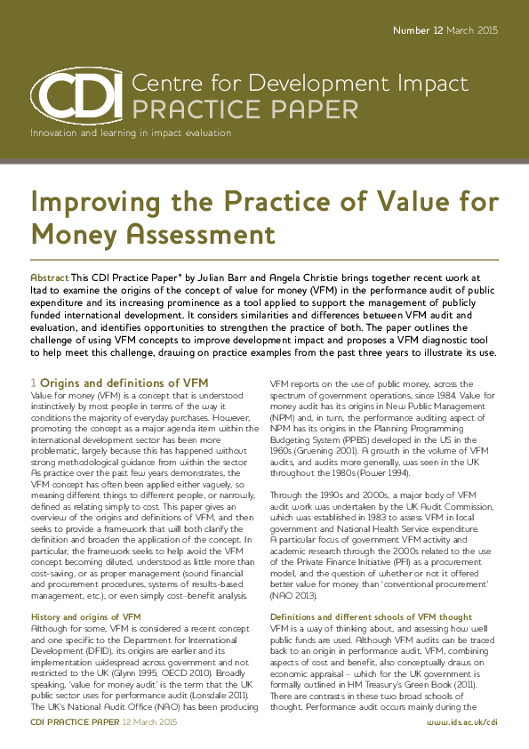 (PDF) Improving the Practice of Value for Money Assessment