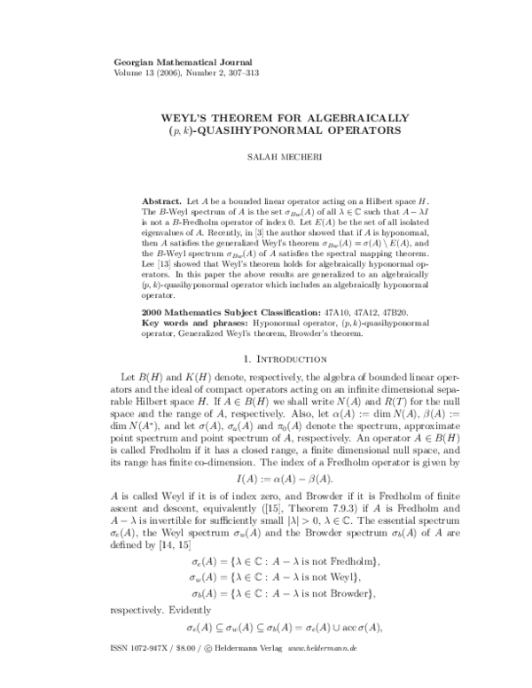 (PDF) WEYL'S THEOREM FOR ALGEBRAICALLY (p;k)-QUASIHYPONORMAL OPERATORS