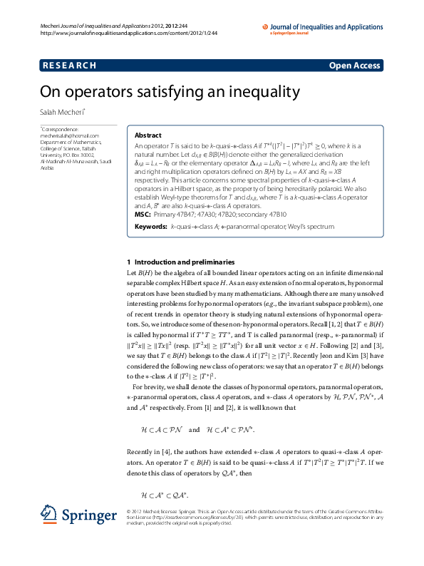 (PDF) On operators satisfying an inequality