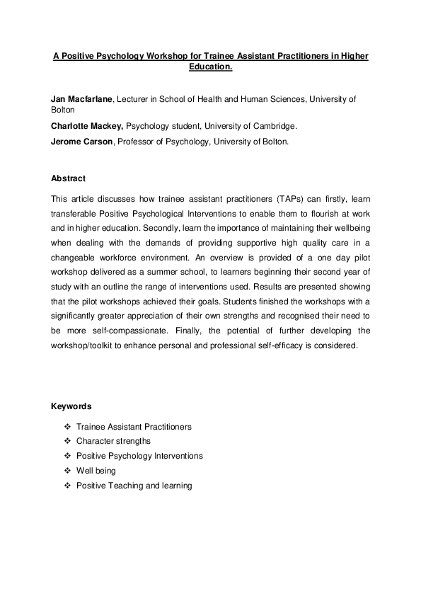 (PDF) A positive psychology workshop for trainee assistant practitioners