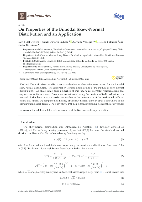 Pdf On Properties Of The Bimodal Skew Normal Distribution And An Application Osvaldo Venegas