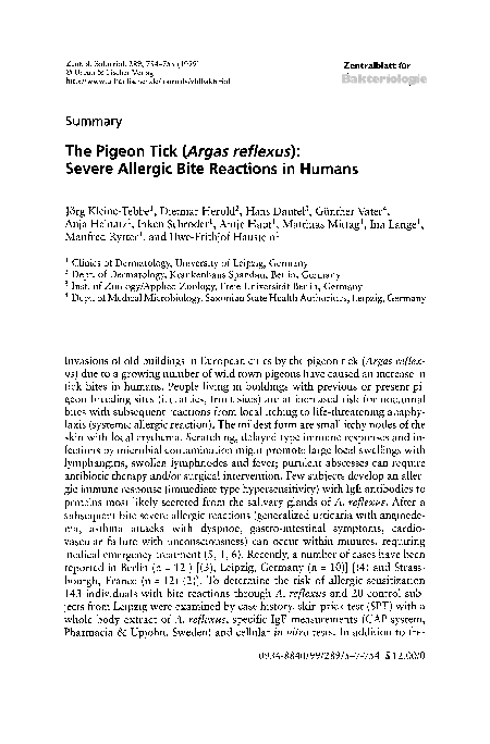 (PDF) The pigeon tick (Argas reflexus): Severe allergic bite reactions ...
