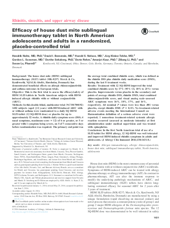 (PDF) Efficacy of House Dust Mite SLIT-Tablet in North American ...
