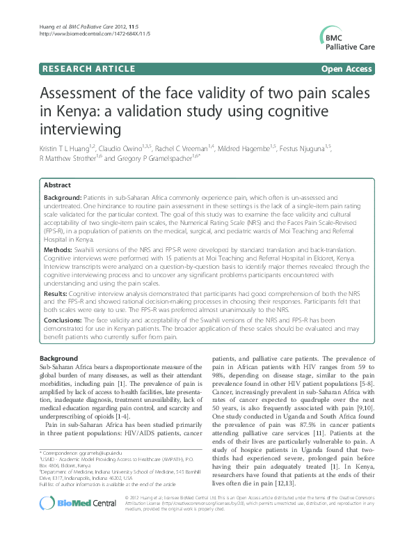 (PDF) Assessment of the face validity of two pain scales in Kenya: a ...