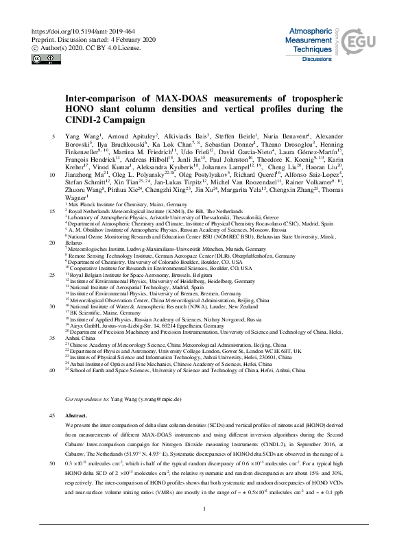 (PDF) Inter-comparison of MAX-DOAS measurements of tropospheric HONO slant column densities and ...