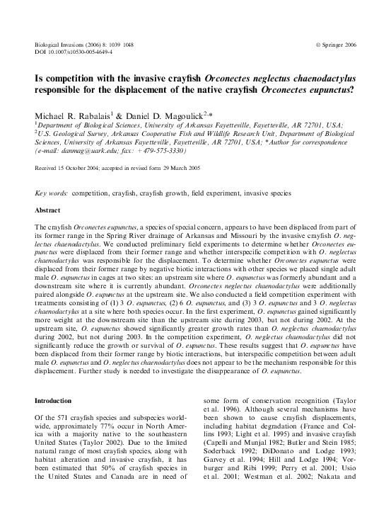 (PDF) Is Competition with the Invasive Crayfish Orconectes neglectus ...